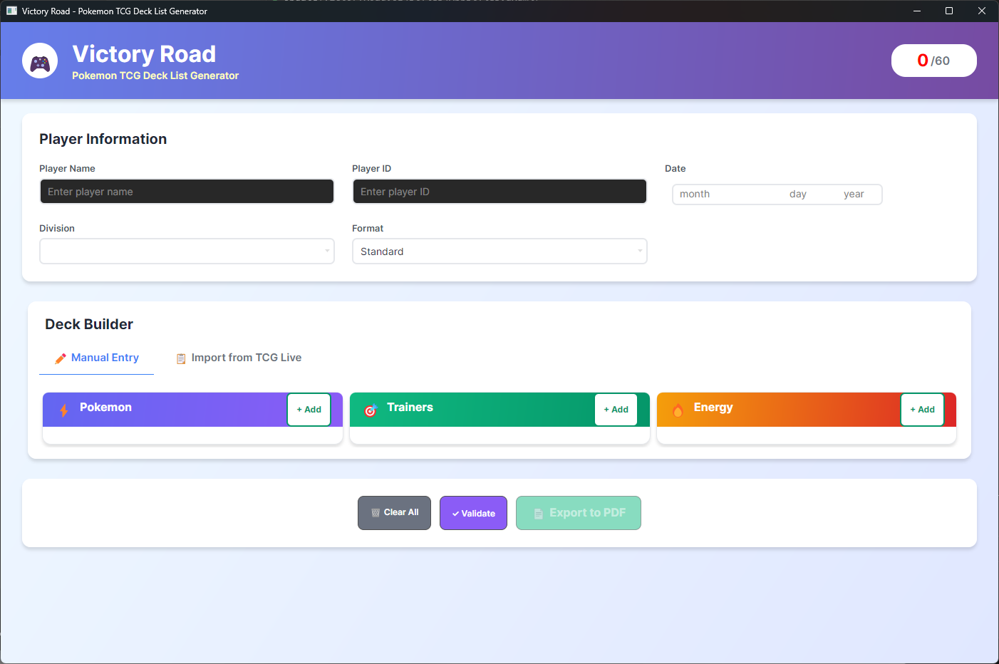 Victory Road - Pokemon TCG Deck List Generator